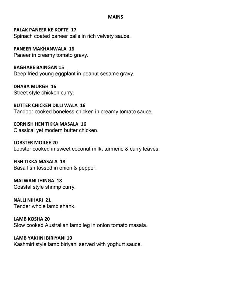 Carta de Arth Bar & Kitchen - Indian Restaurant in Culver City, Culver City