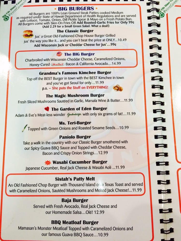 Menu at Big City Diner restaurant, Waipahu, 94-800 Ukeʻe Street #305