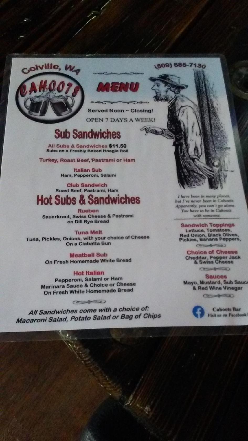 Menu at Cahoots pub & bar, Colville