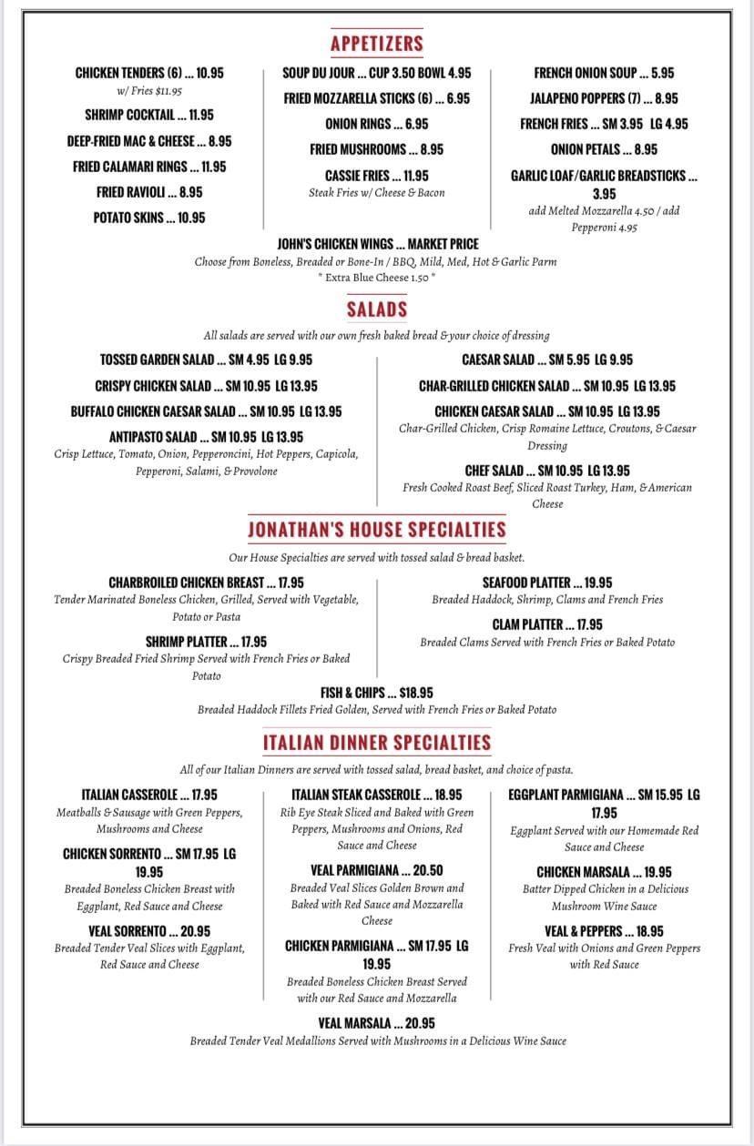Menu at Jonathan's Pizza & Italian Cuisine restaurant, Duanesburg