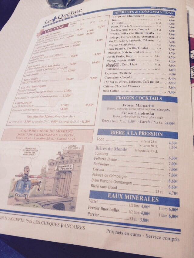 Menu au Le Québec restaurant, Nice
