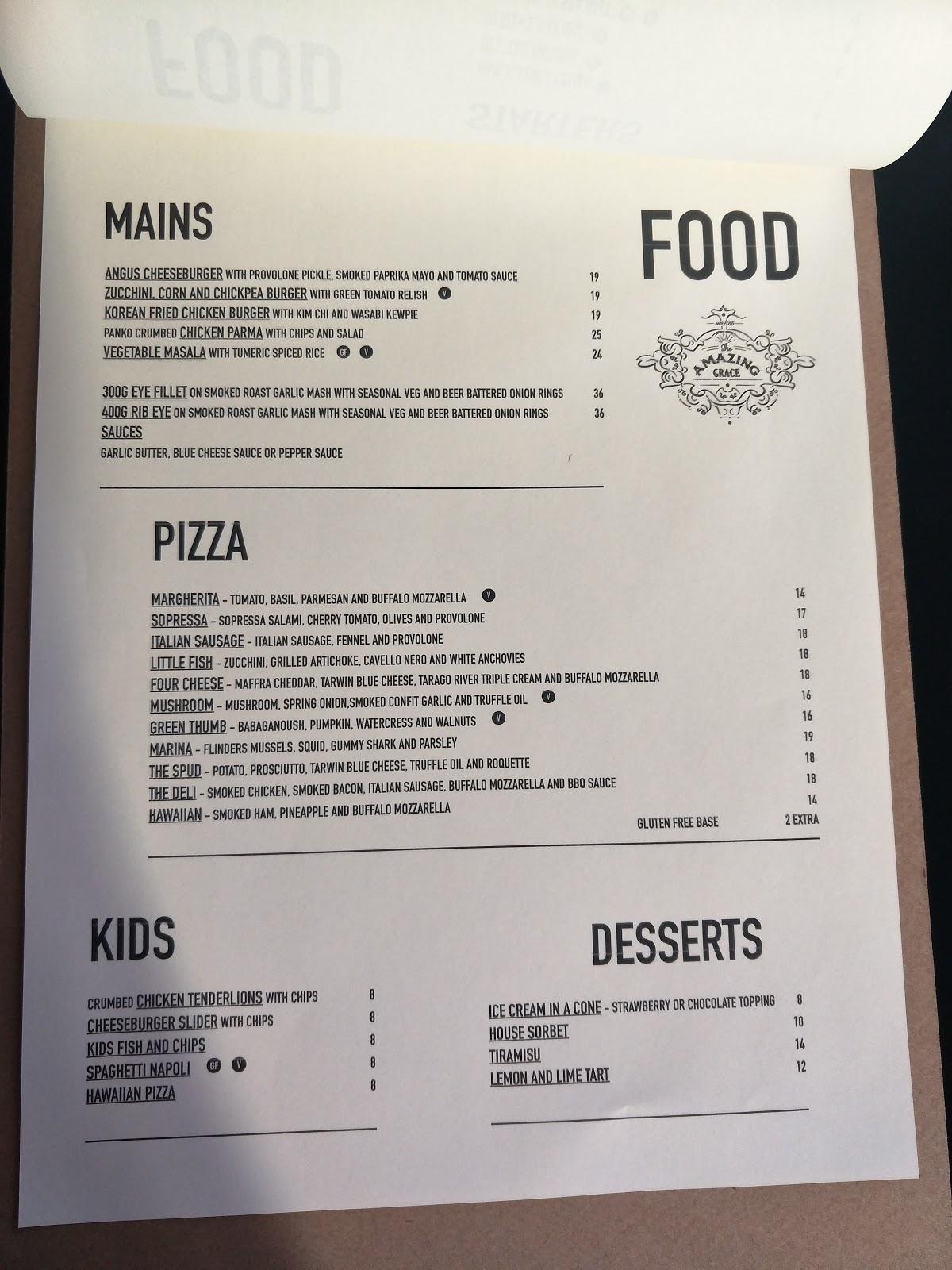 Menu at The Amazing Grace restaurant, Cranbourne