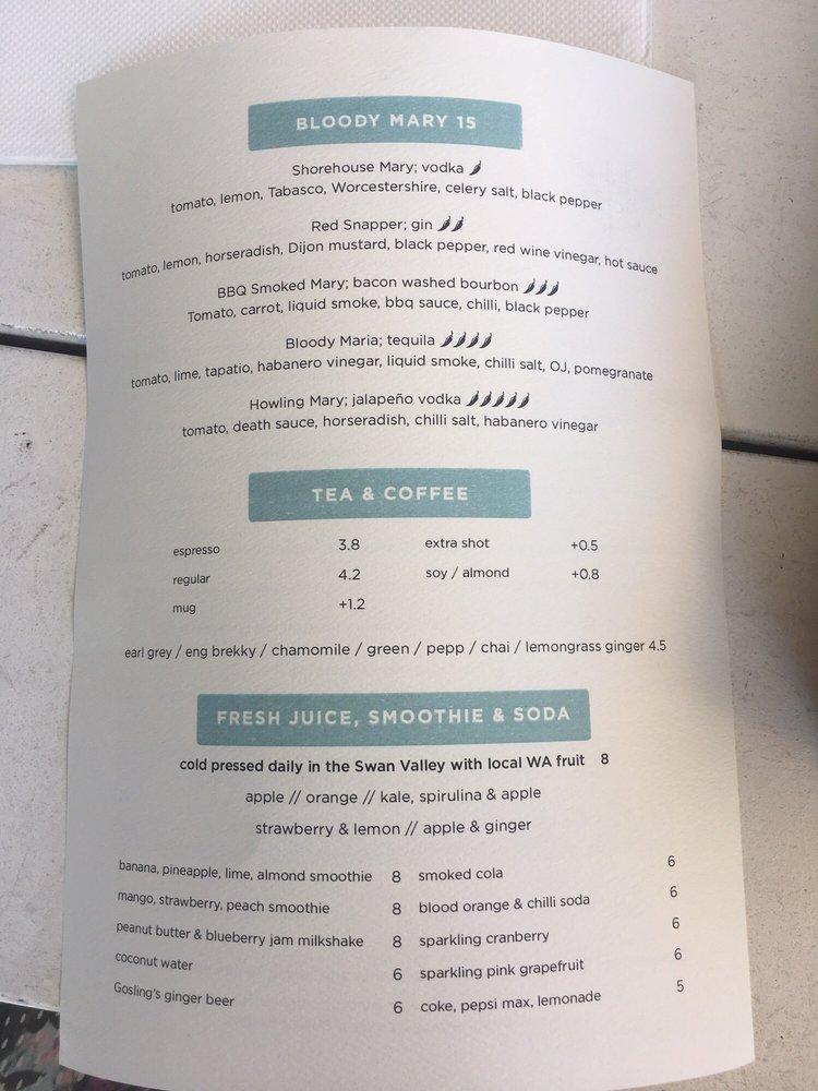 Menu at The Shorehouse restaurant, Swanbourne