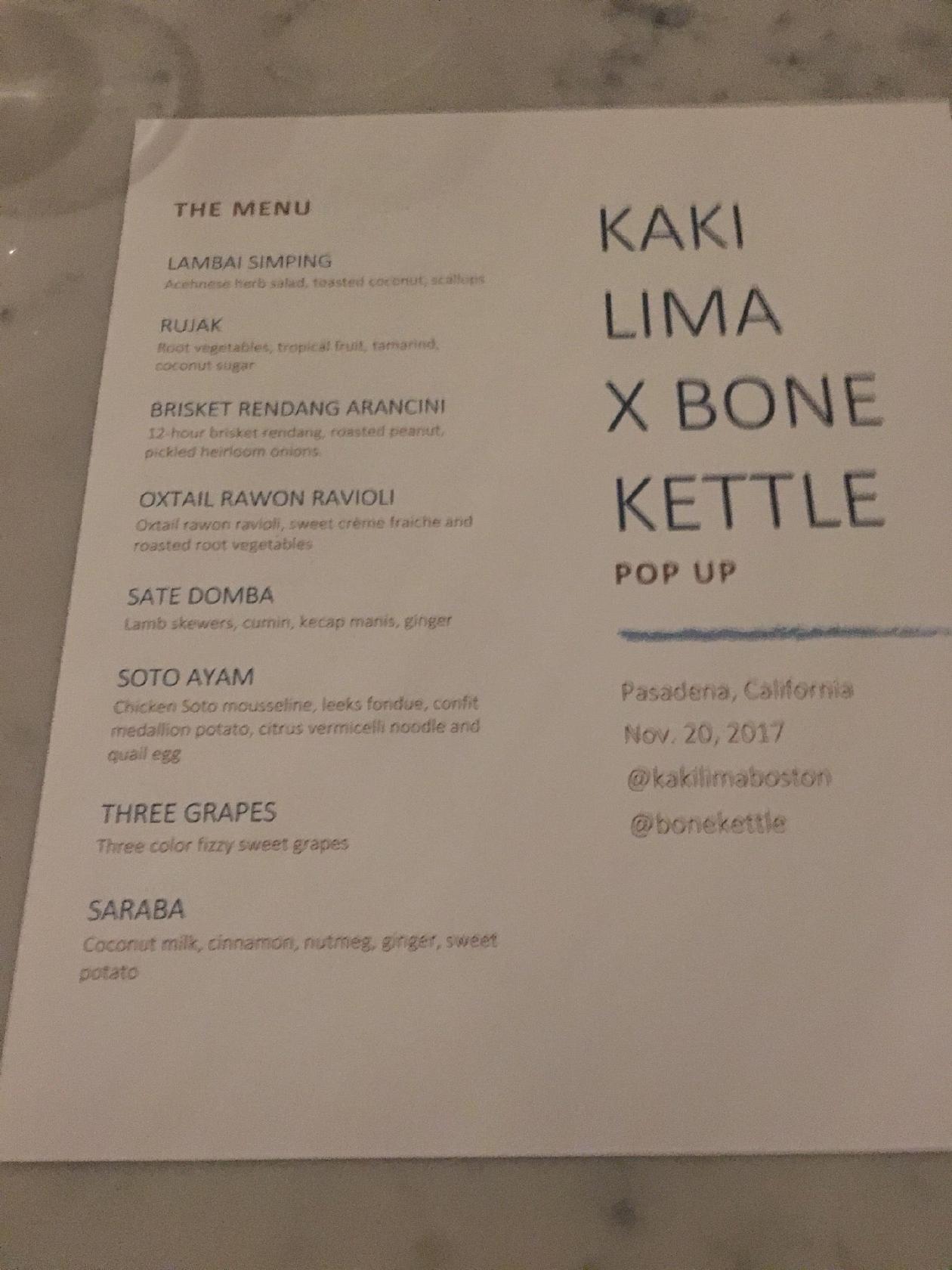 Menu at Bone Kettle restaurant, Pasadena