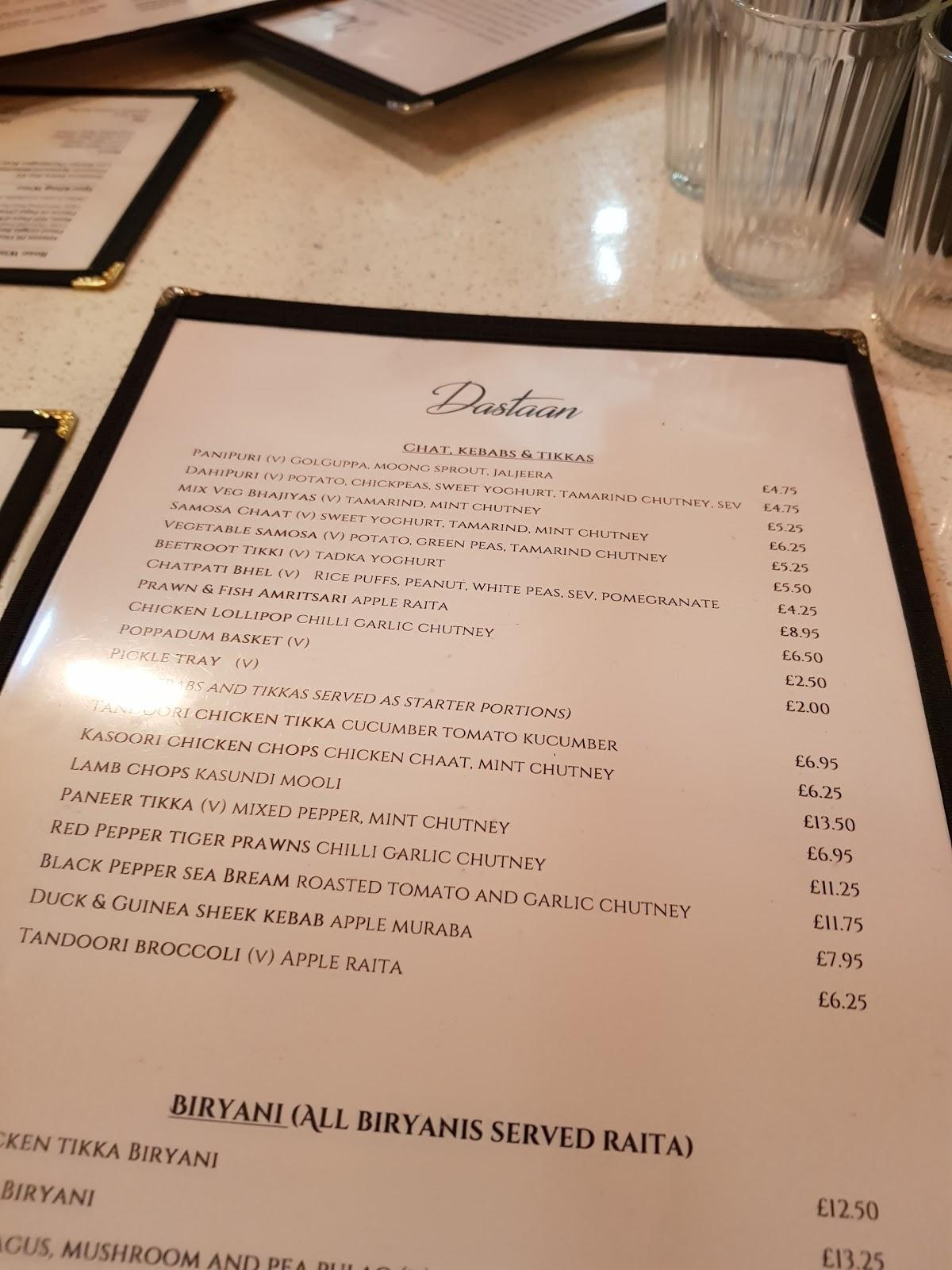 Menu at Dastaan restaurant, Epsom