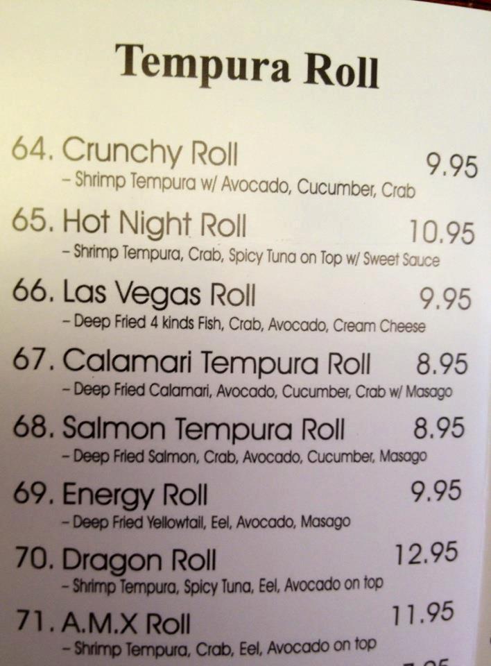 Menu at Geisha Sushi restaurant, River Edge