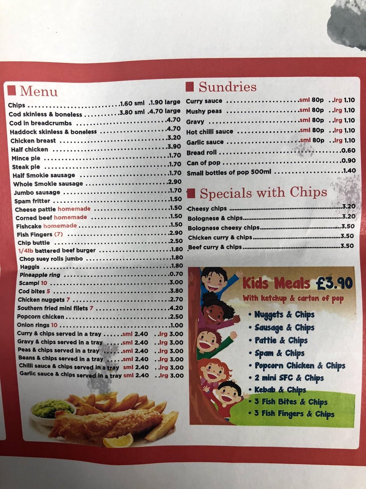 Menu at Golden Chippy restaurant, Wallsend, 18 Coast Rd