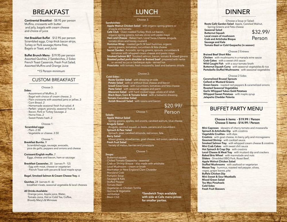 Menu at Roots Cafe, West Chester