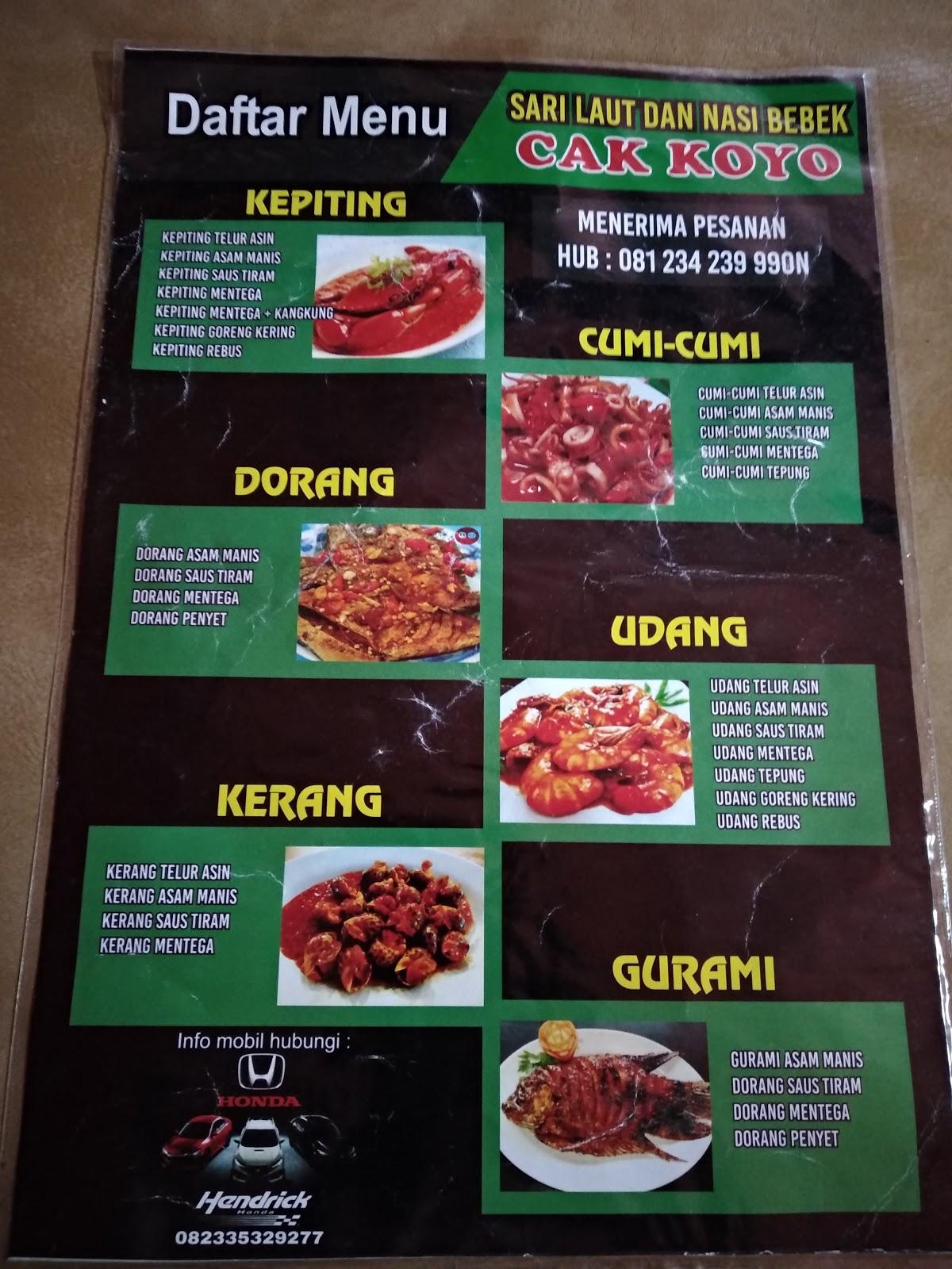 Menu at Sari Laut dan Nasi Bebek CAK KOYO restaurant, Madiun