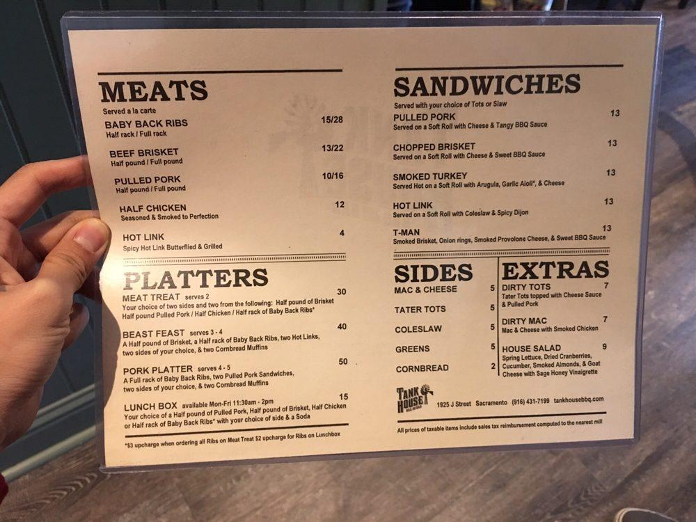 Menu at Tank House BBQ & Bar, Sacramento