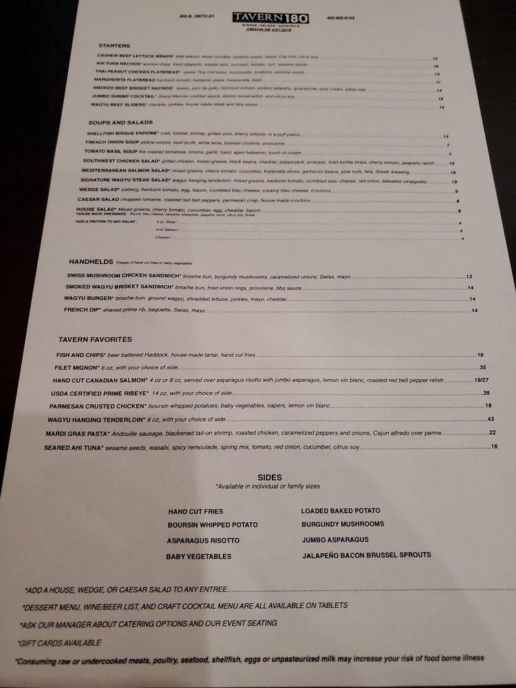 Menu at Tavern 180 steakhouse, Omaha, 203 N 180th St