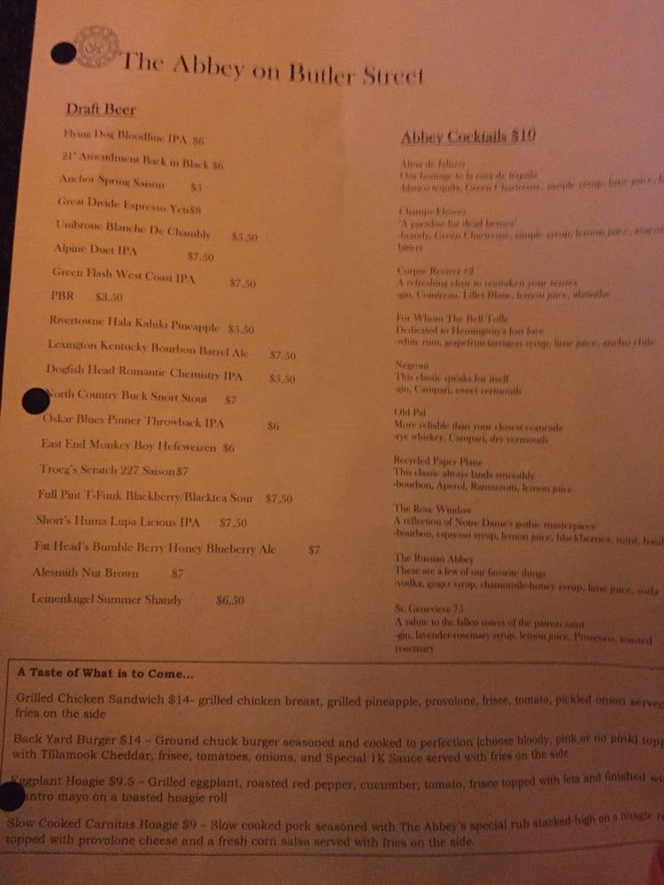 Menu at The Abbey on Butler Street pub & bar, Pittsburgh