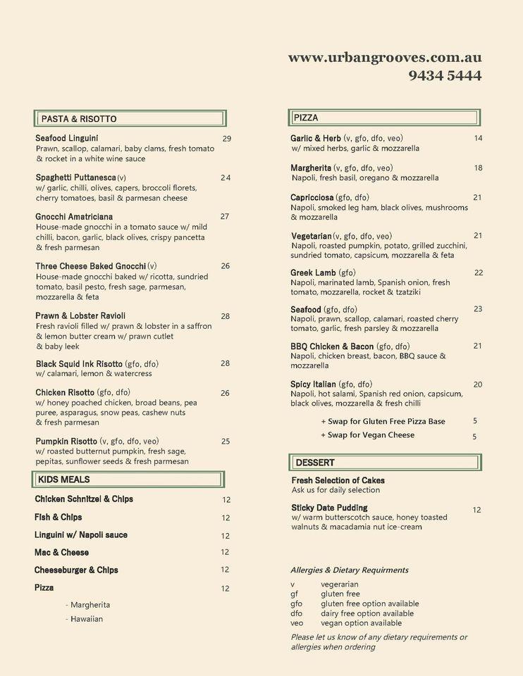 Menu at Urban Grooves restaurant, Greensborough, 99 Grimshaw St