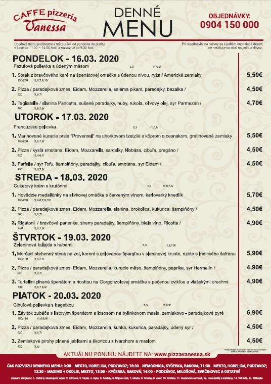 Menu at Vanessa restaurant, Čadca