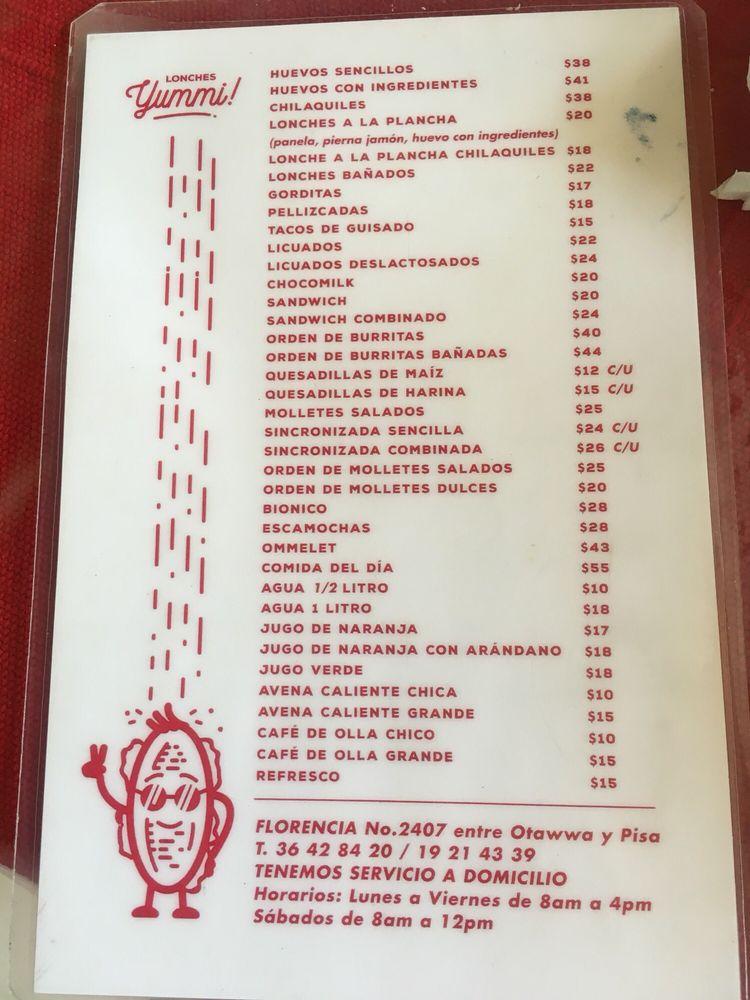 Menu at Yummi restaurant, Guadalajara