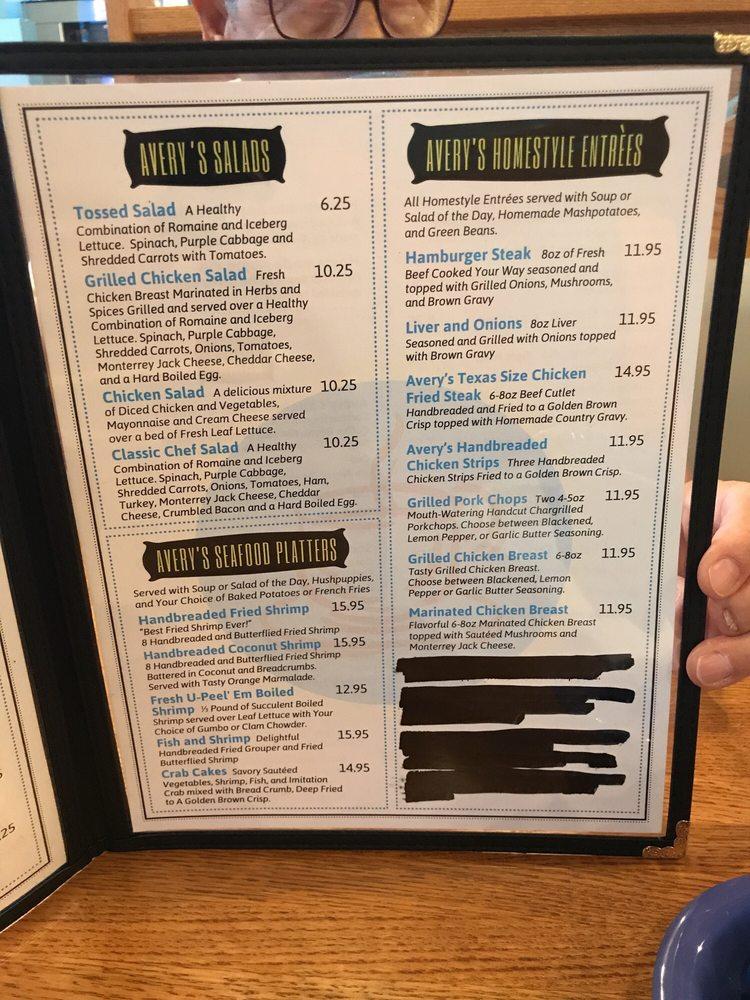 Menu at Avery's Kitchen restaurant, New Braunfels