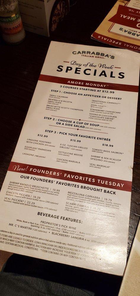 Menu at Carrabba's Italian Grill restaurant, Clermont