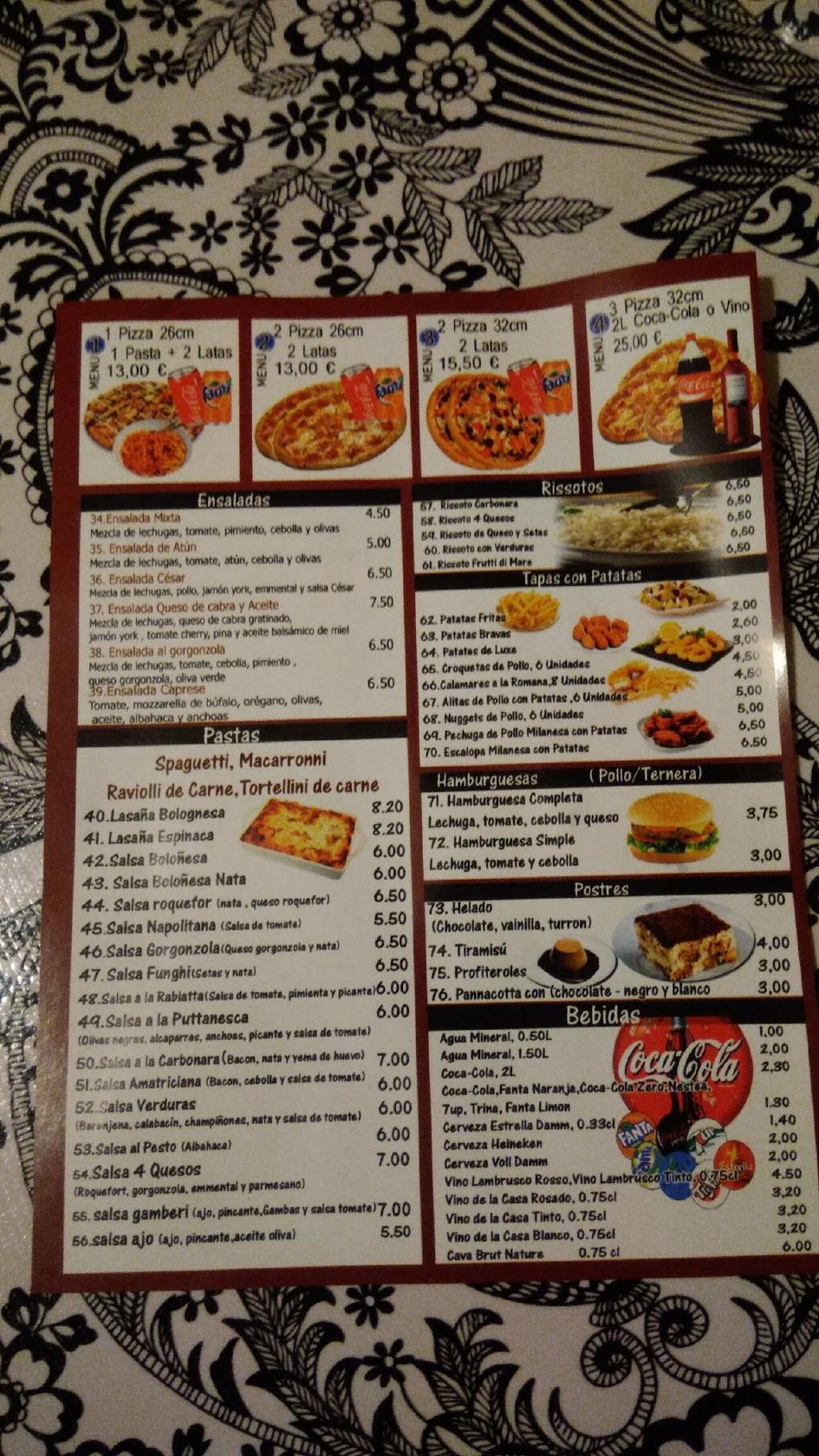 Menu at Milan Pizzeria & Restaurant, Barcelona