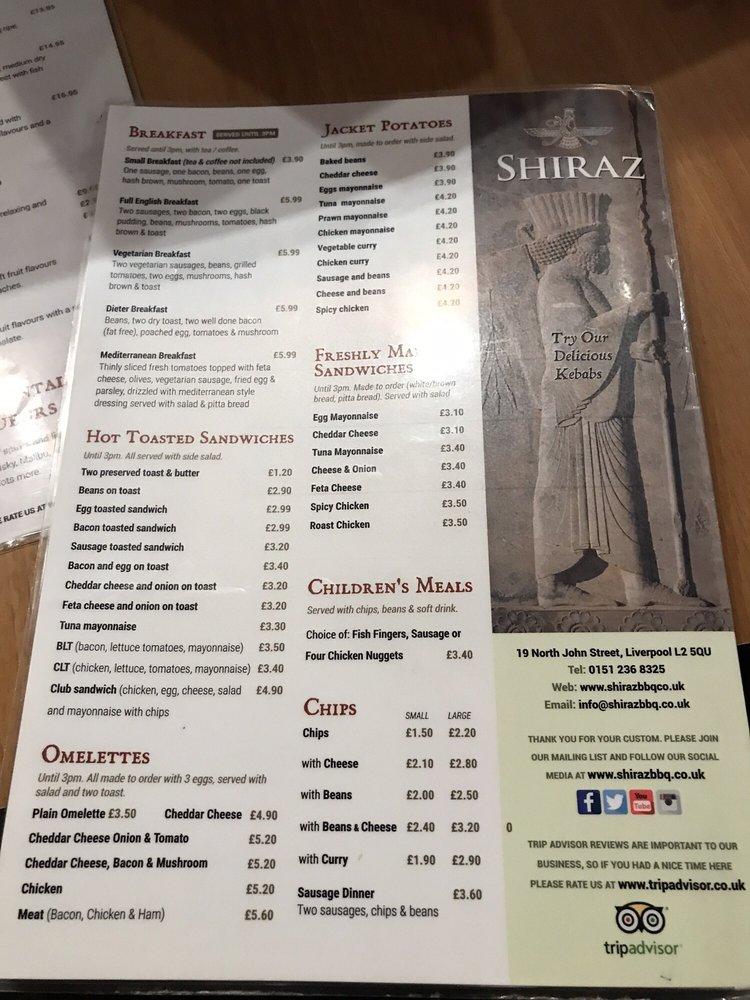 Menu at Shiraz BBQ, Liverpool, 19 N John St