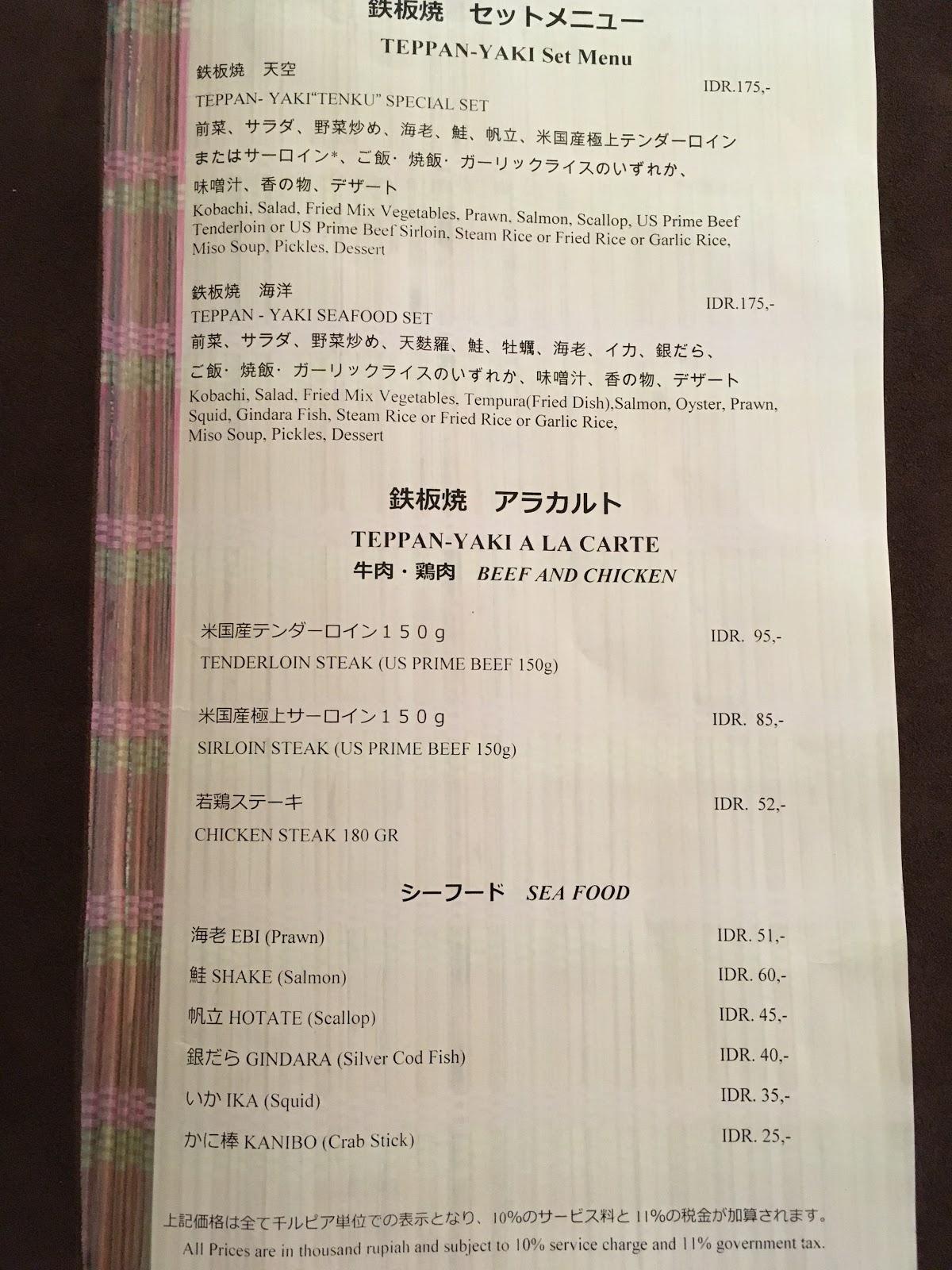Menu at The Tenku Japanese Restaurant, Kuta Selatan