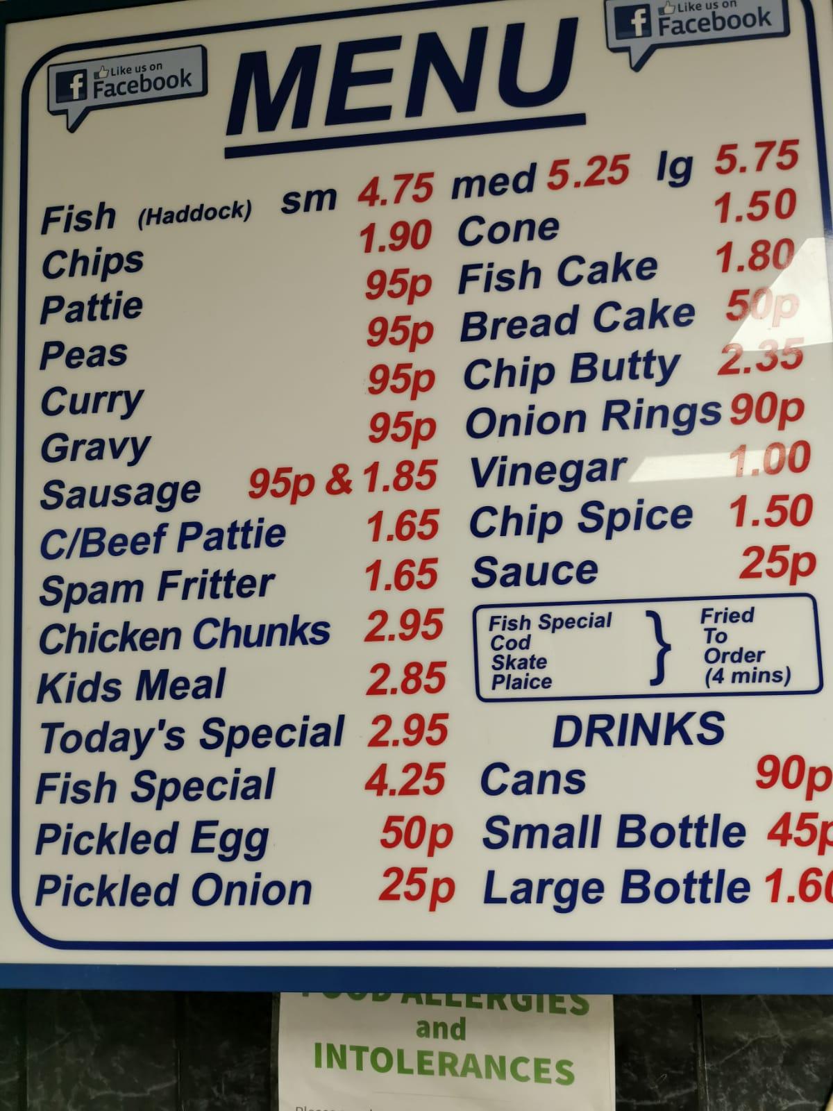 Menu at Cave Street Fisheries fast food, Hull
