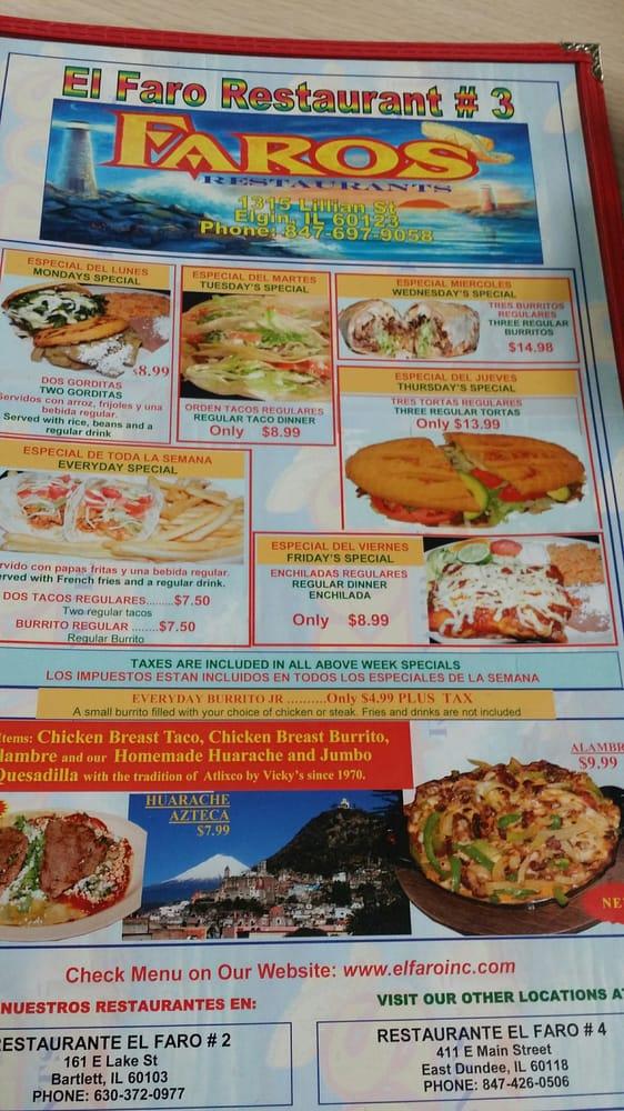 Menu at EL FARO MEXICANN CUISINE restaurant, Elgin, Lillian St