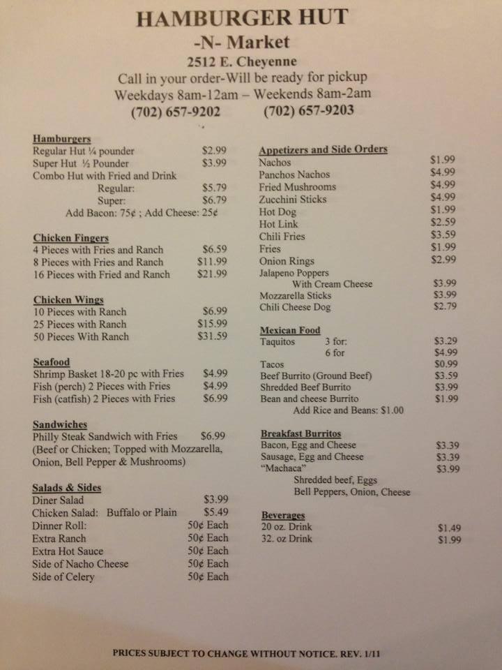 Menu at Hamburger Hut restaurant, North Las Vegas