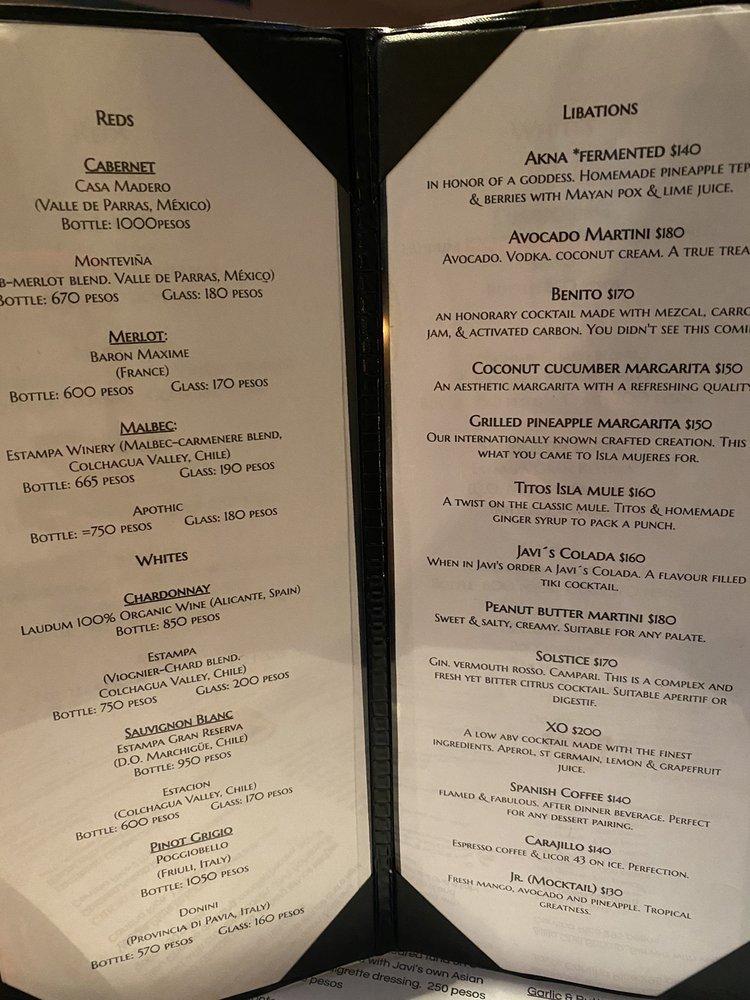 Menu at Javi's Cantina restaurant, Isla Mujeres