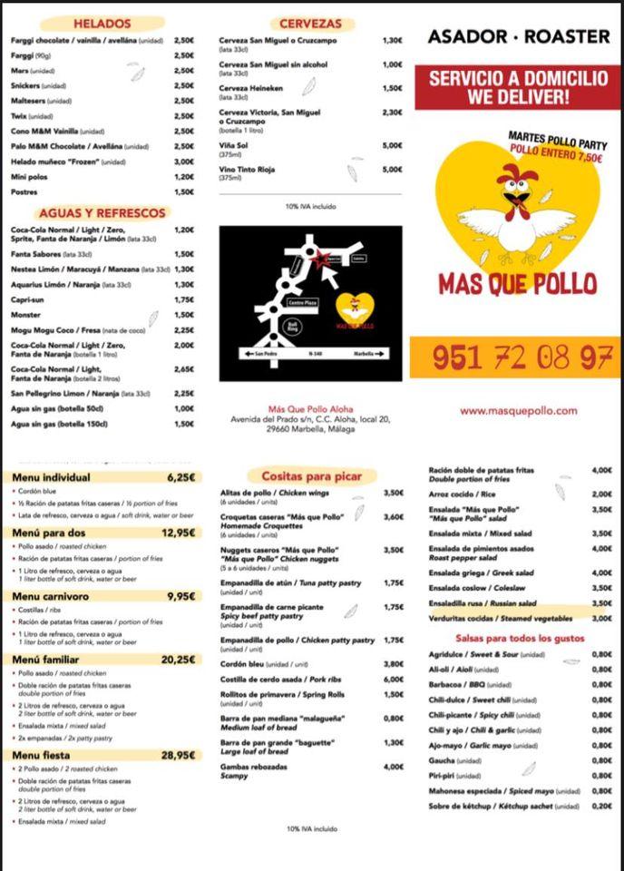 Menu at Mas que pollo restaurant, Marbella, Av. del Prado