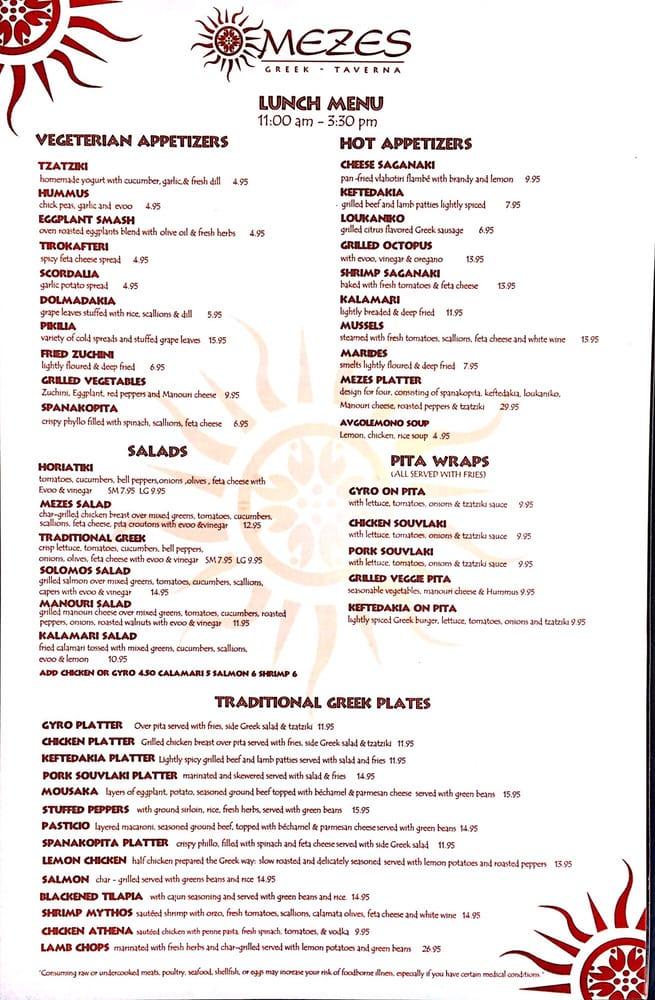 Menu at Mezes Greek Taverna restaurant, Pembroke Pines