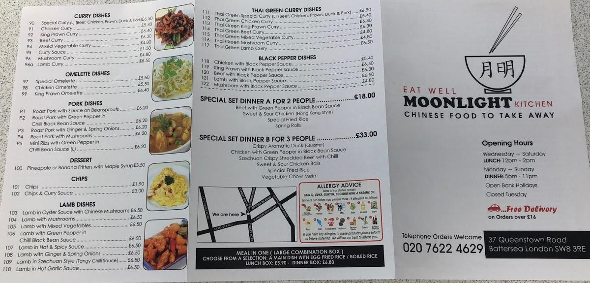 Menu at Moonlight restaurant, London, 37 Queenstown Rd