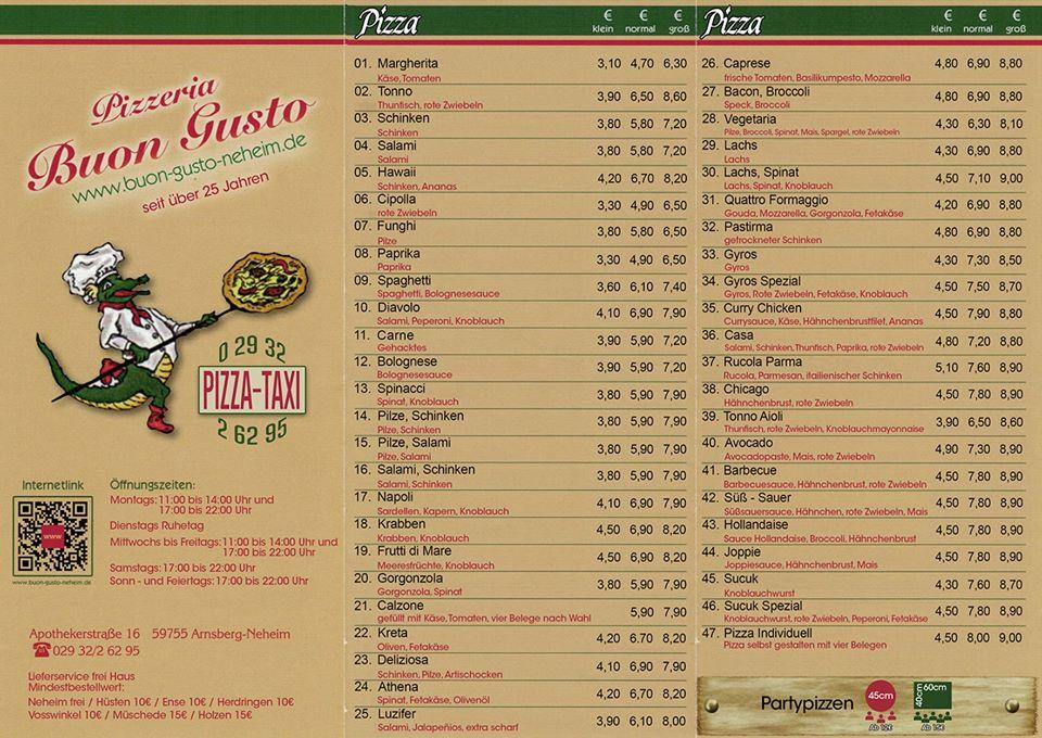 Speisekarte von Pizzeria Buon Gusto, Arnsberg