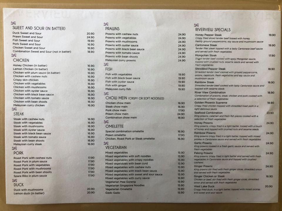 Menu at Riverview restaurant, Yarra Junction