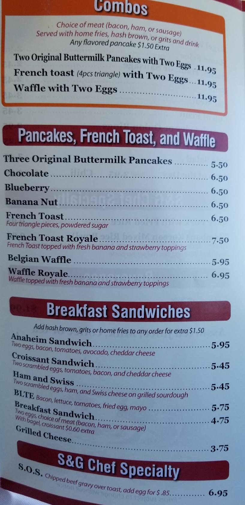 Menu at S & G Restaurant, Quantico