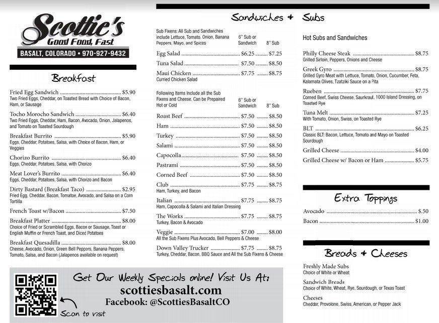 Menu at Scottie's restaurant, Basalt