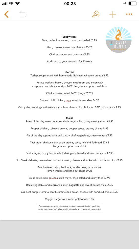 Menu at The Crafty Hound Gastro & Grog pub & bar, Lisburn