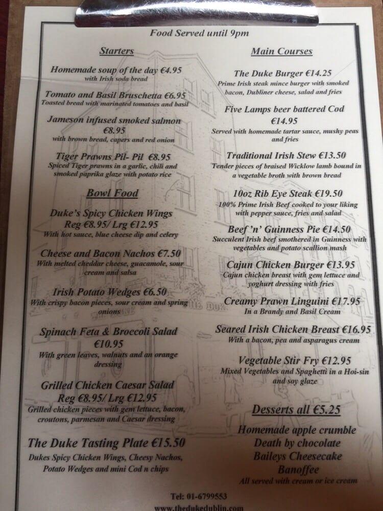 Menu at The Duke Dublin pub & bar, Dublin, 9 Duke St