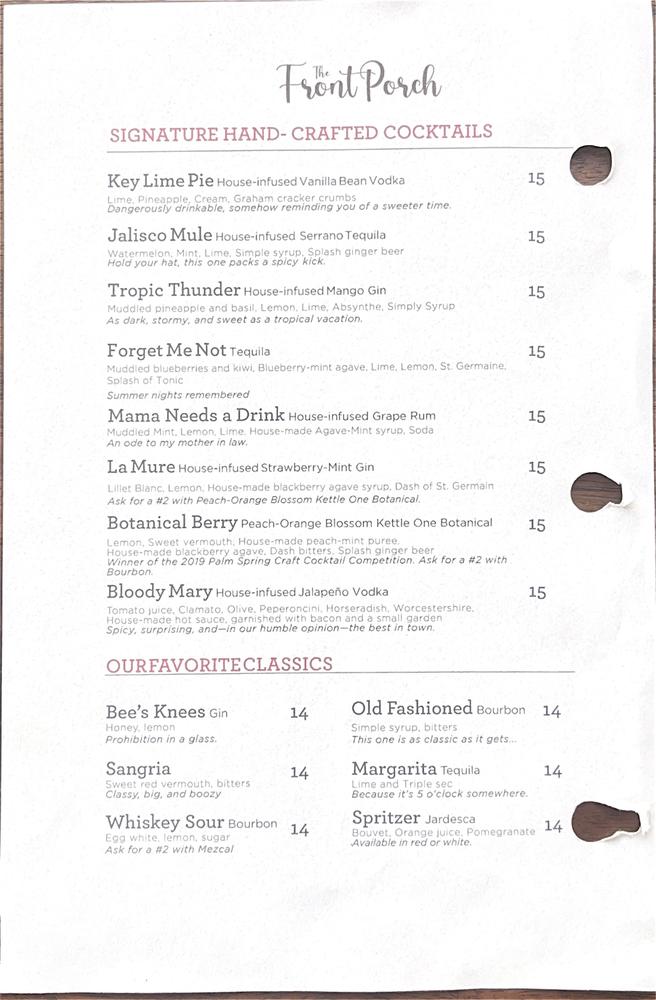 Menu at The Front Porch pub & bar, Palm Springs