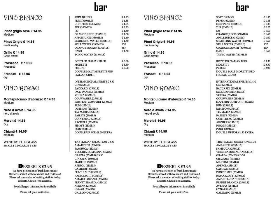 Menu at il Piatto Italian restaurant, Scarborough
