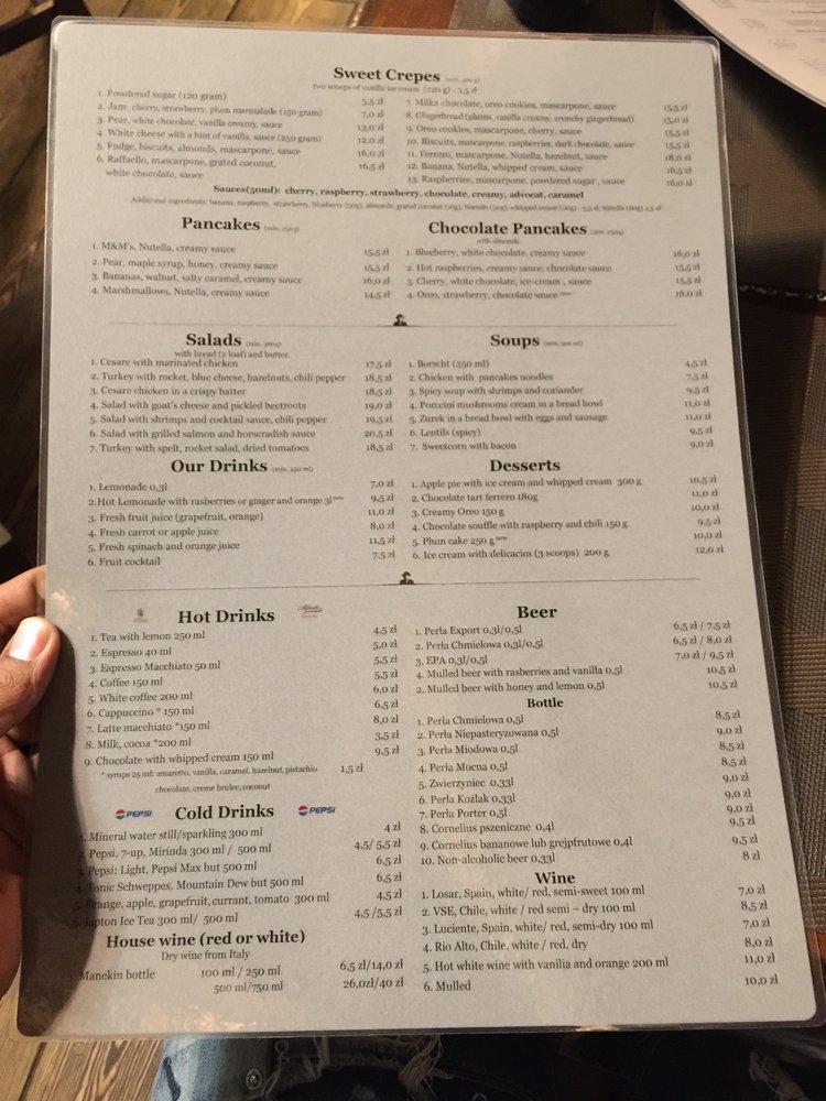Menu at Manekin restaurant, Warsaw, Marszałkowska 140