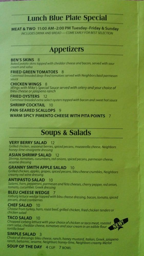 Menu at Neighbors Cafe, Batesburg-Leesville