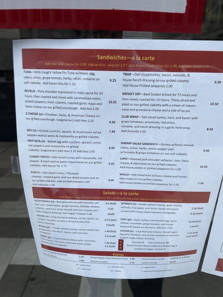 Menu at Subito restaurant, Indianapolis