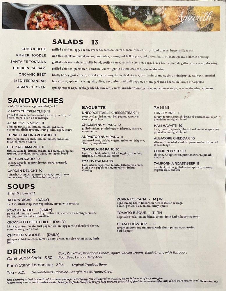 Carta de Amarith Farmhouse - Restaurant & Pie Shoppe, Fountain Valley