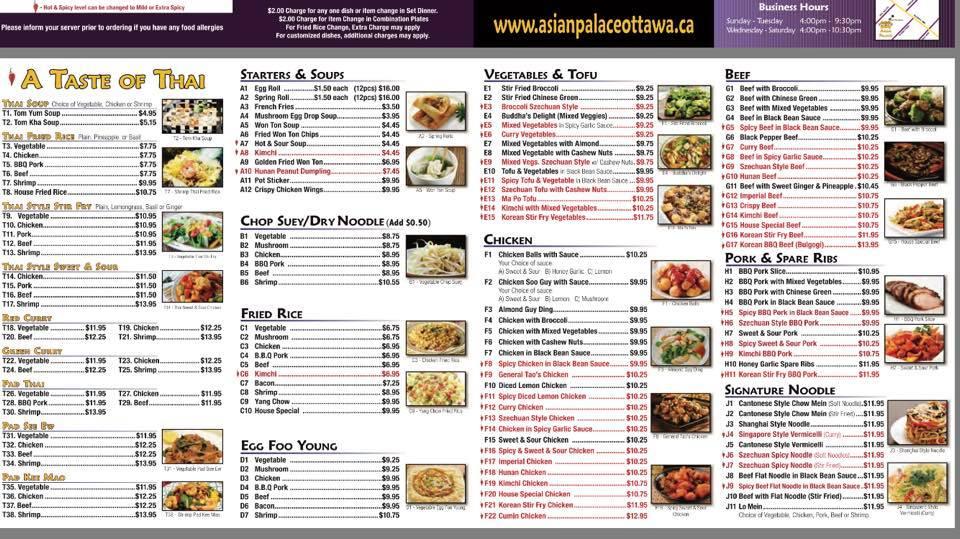 Menu at Asian Palace Restaurant, Ottawa