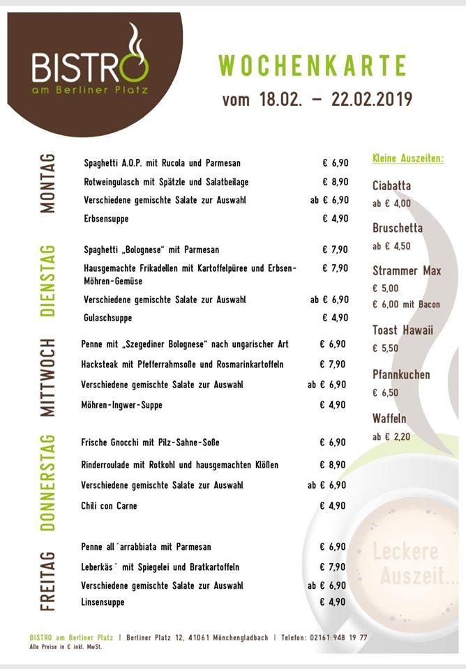 Menu at Bistro am Berliner Platz restaurant, Mönchengladbach