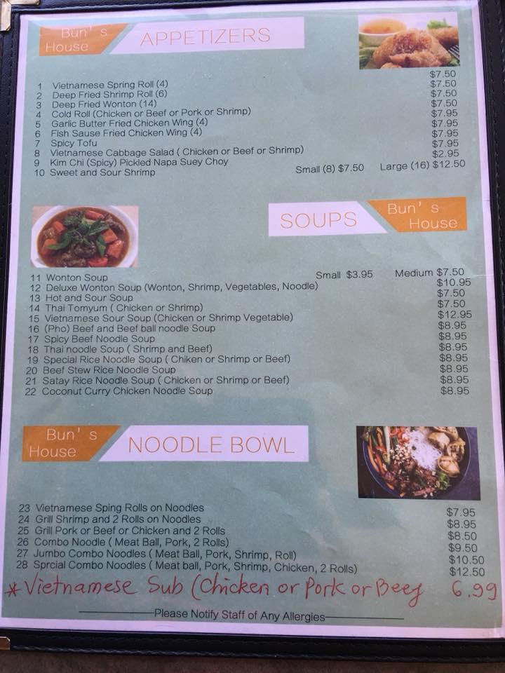 Menu at Bun's House Restaurant, Saskatoon