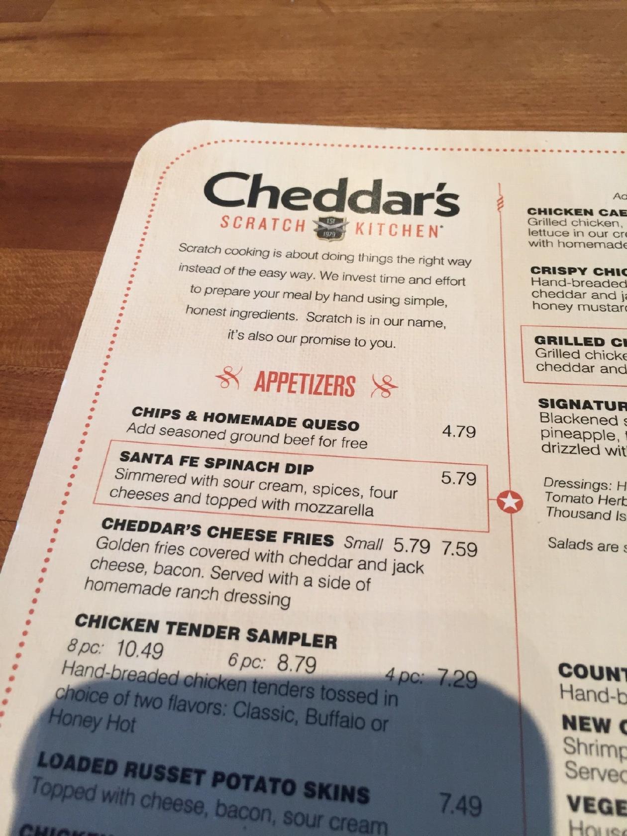 Menu at Cheddar's Scratch Kitchen restaurant, Gainesville