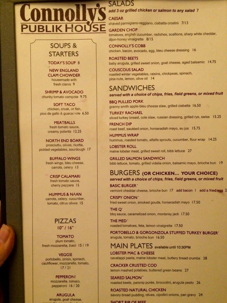Menu at Connolly's Publik House, Boston, 1 Hotel Dr