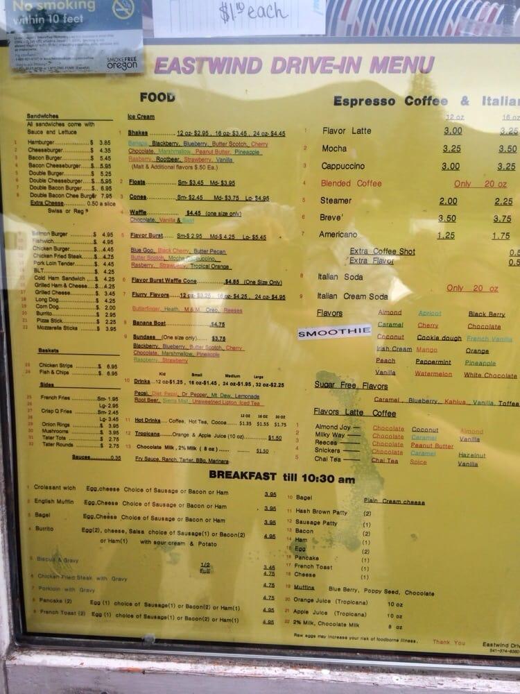 Menu at Eastwind Drive-In restaurant, Cascade Locks