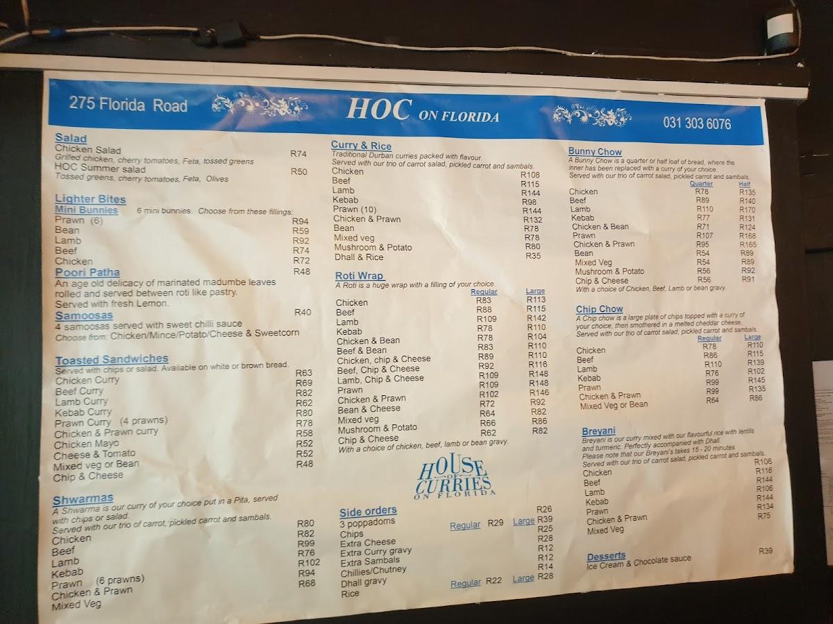 Menu at House Of Curries restaurant, Durban